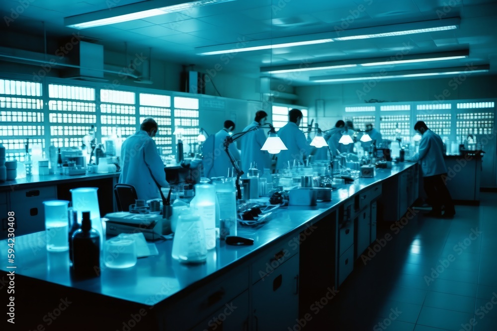 Laboratory with rows of scientists in protective gear conducting ...