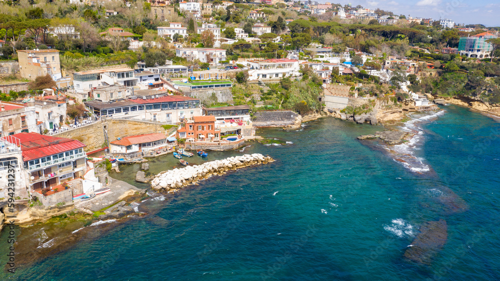 Aerial view of the seaside village of Marechiaro which is located in ...