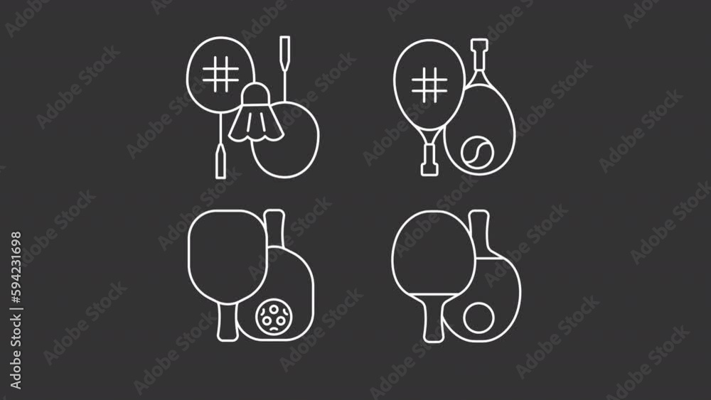 Racquet sports white line animations. Pair of rackets and ball ...