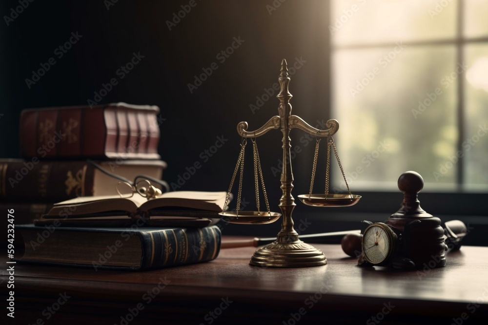 Legal law concept image Scales of Justice and case books on desk ...