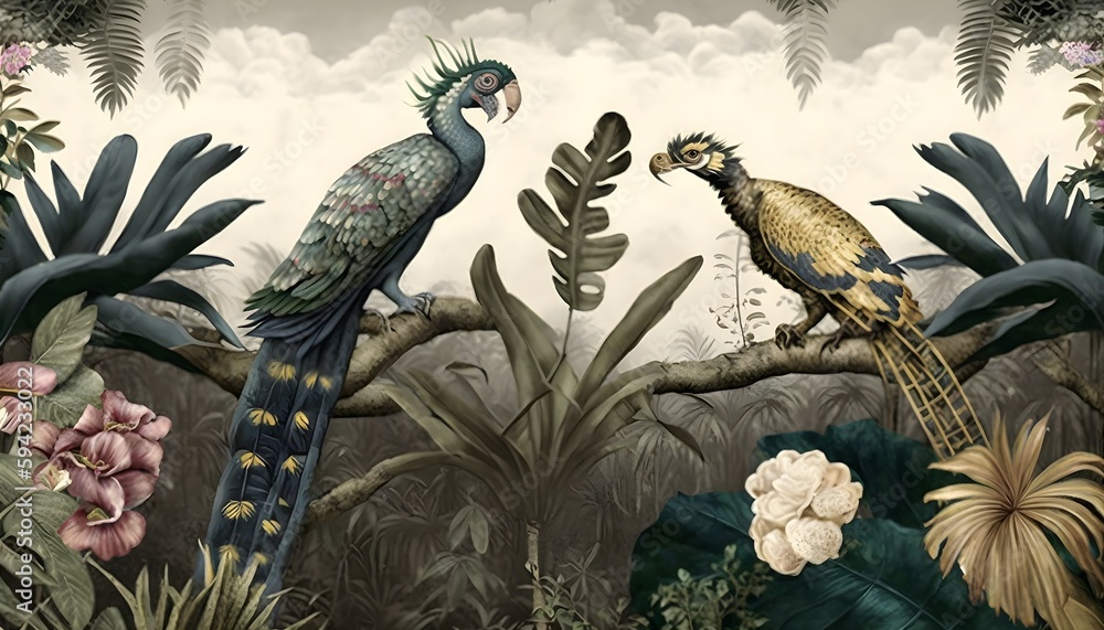 wallpaper vintage jungle pattern with gold peacocks and parrot birds ...