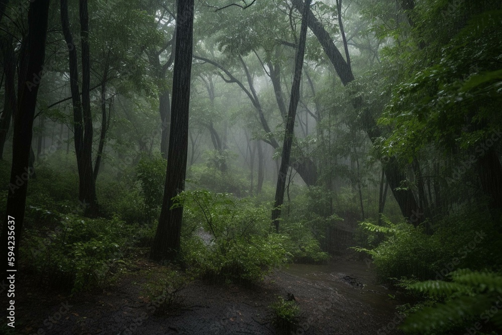 Very heavy rain falling during a storm in a forest in Osaka in Japan ...