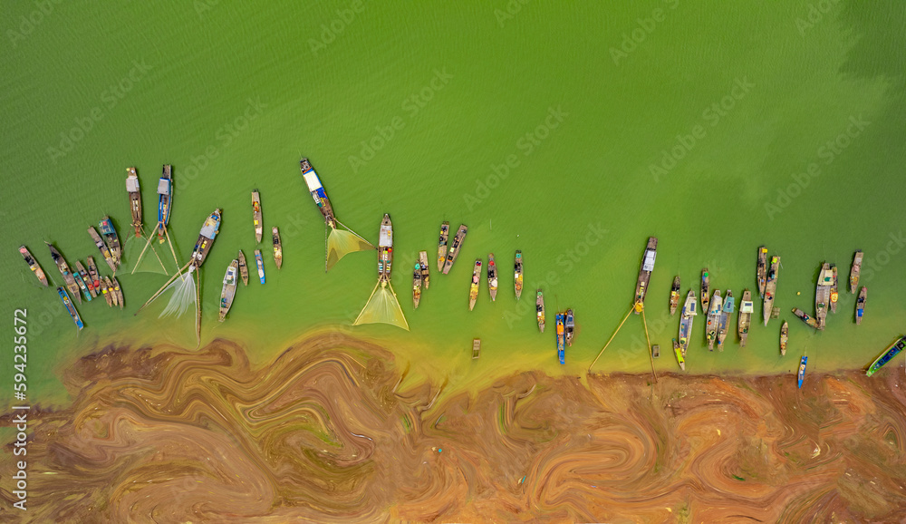 Tri An lake, Dong Nai province, Vietnam in the green algae season has a ...