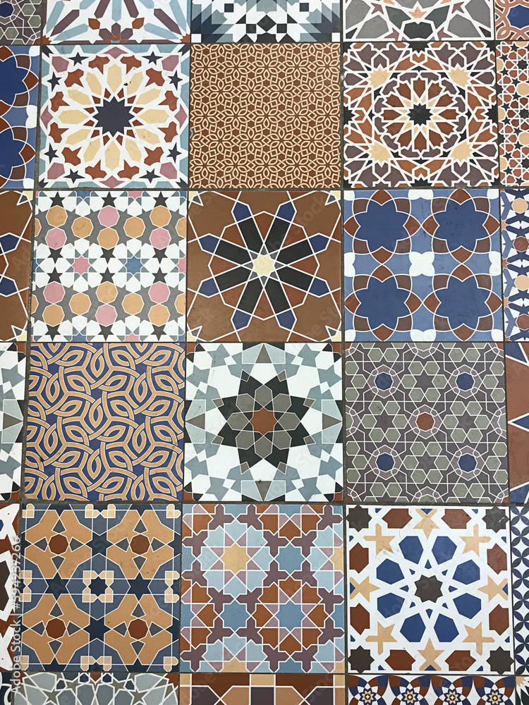 Distinctive and colorful patterns of floor tiles of stores in Thailand ...