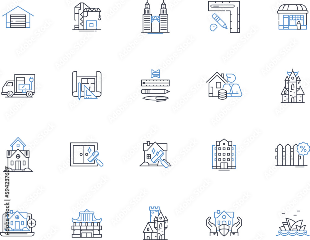 Vetor de Tenements line icons collection. Slums, Crowded, Poverty ...