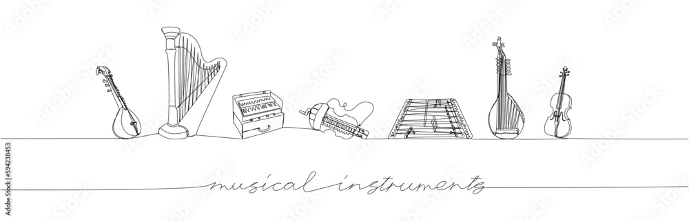 Musical instruments set one line art. Continuous line drawing of lute ...