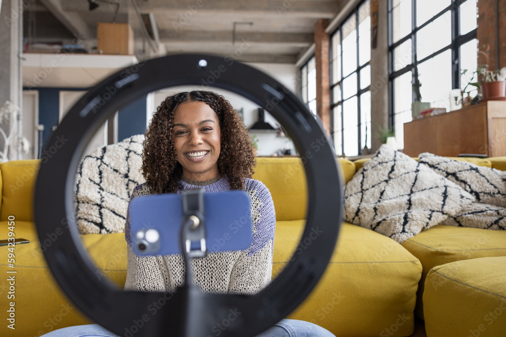African American female Vlogger at home talking to camera Stock Photo ...