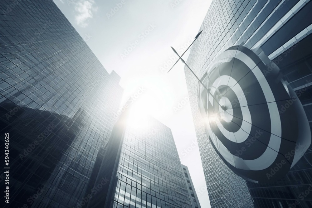 Arrow hit the center of target with modern skyscraper background. Business target achievement ...