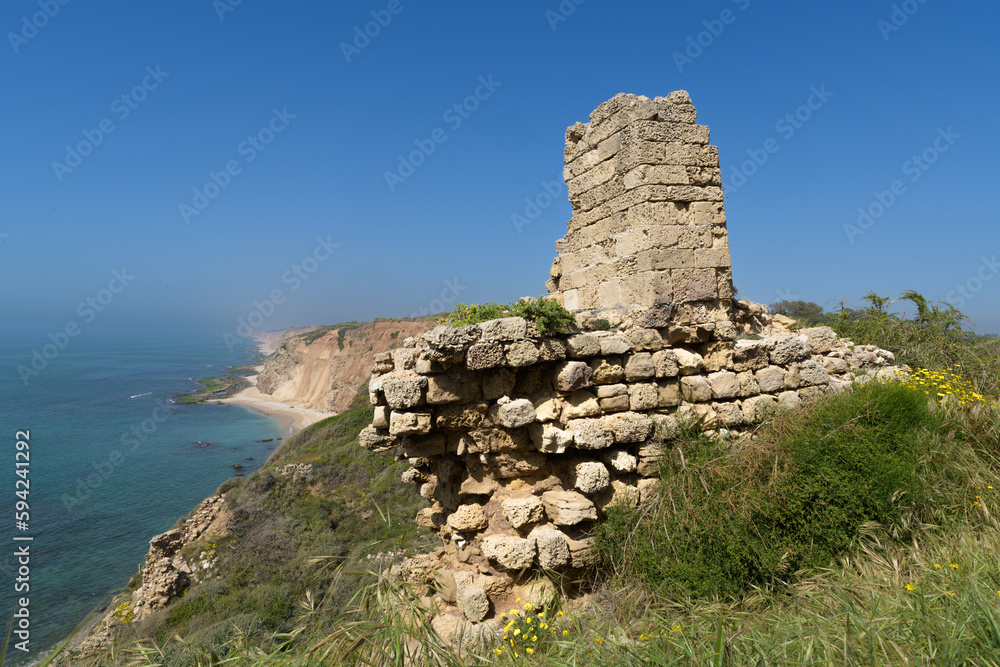 Crusader castle in the ancient town of Apollonia (Tel Arsuf) on ...