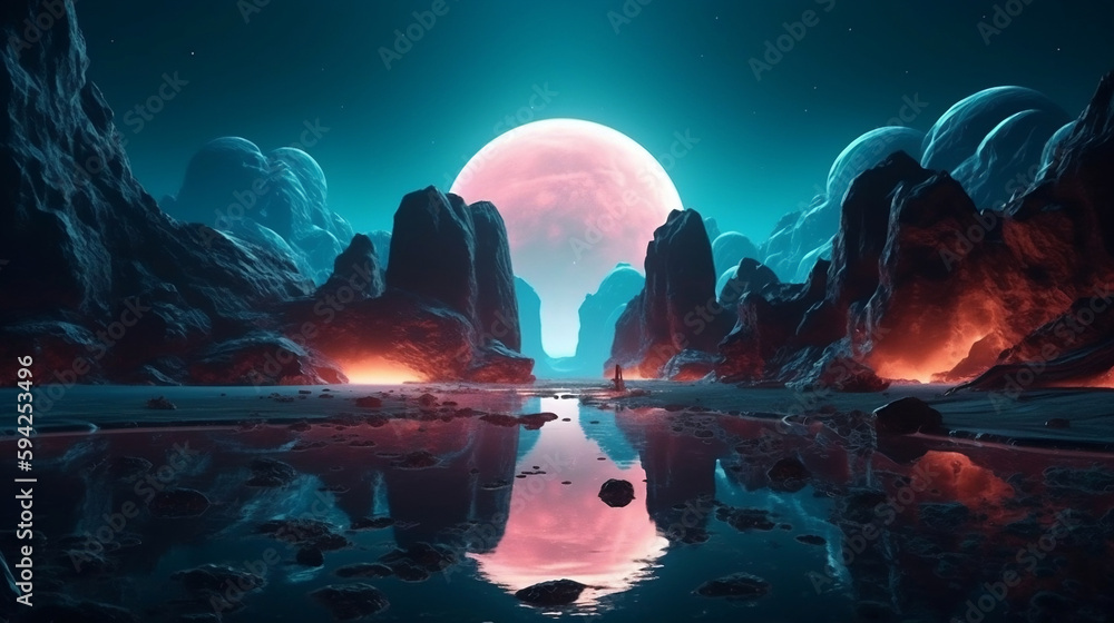 Abstract futuristic background. Neon crest sign, moon symbol glowing in ...