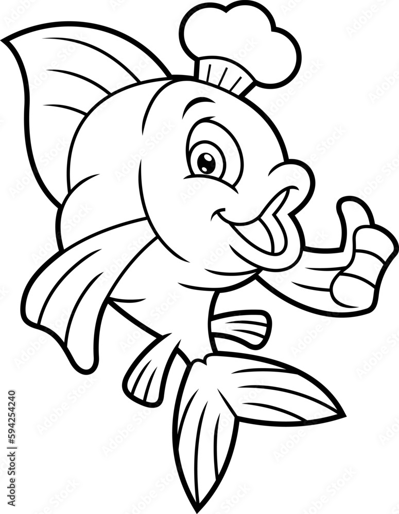 Outlined Fish Chef Cartoon Character Showing Thumbs Up. Vector Hand ...