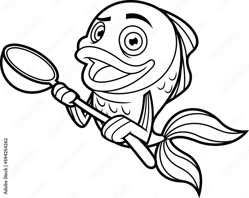 Outlined Fish Chef Cartoon Character Holding A Big Spoon. Vector Hand ...