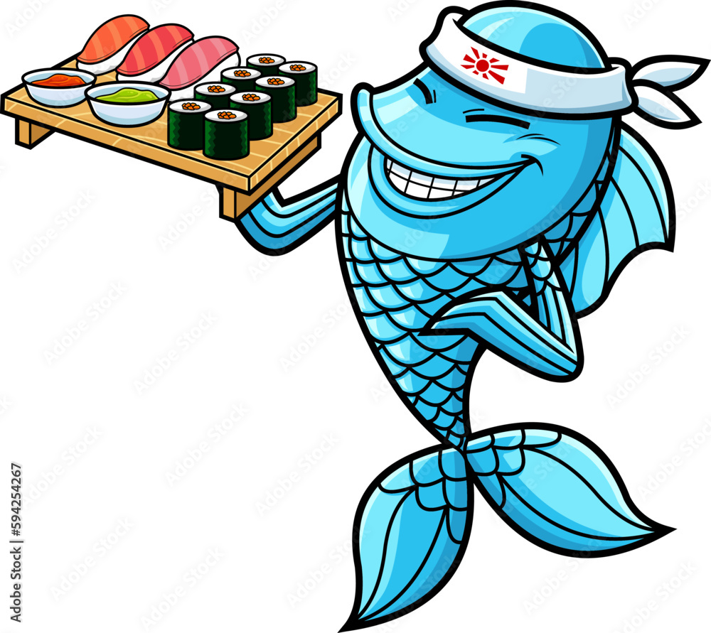 Fish Sushi Chef Cartoon Character Showing Sushi Set Japanese Seafood ...