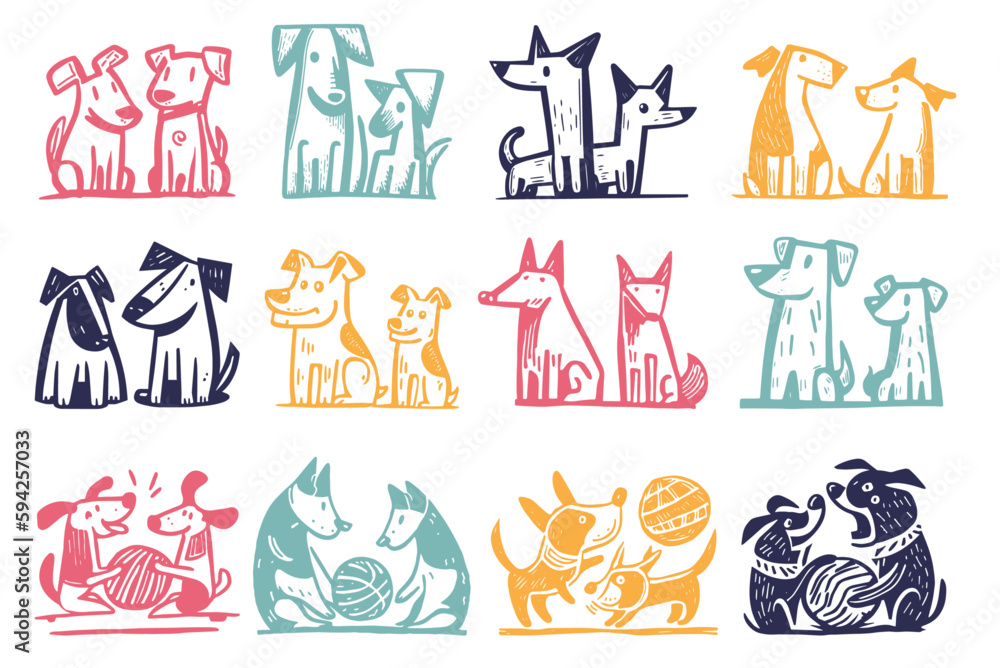 Coloful couples of dogs illustrations that remind us vintage children ...