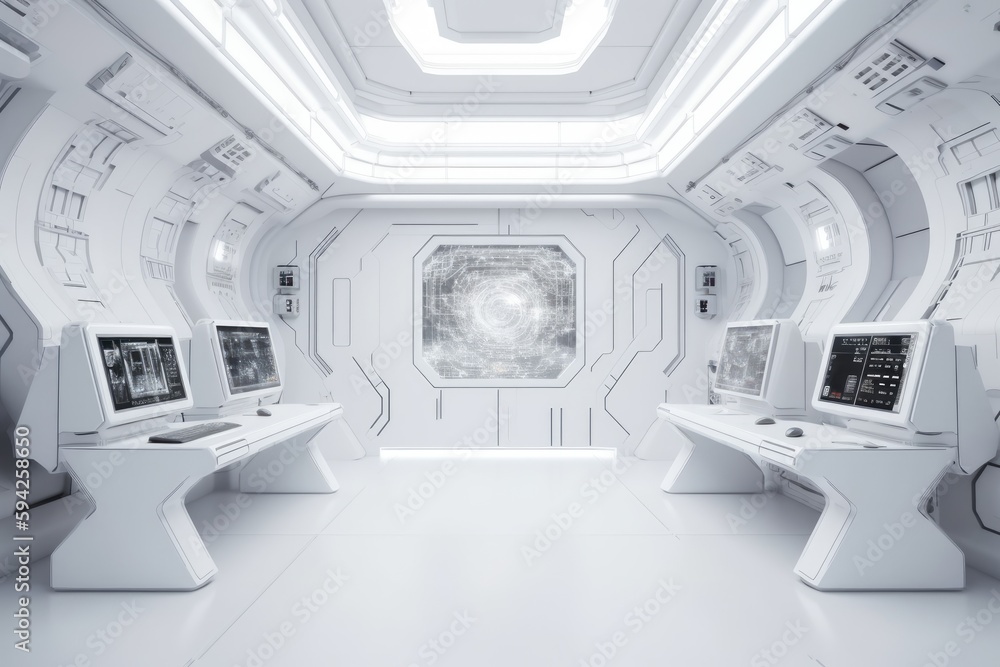 White sci-fi hallway interior with computer and monitor screen on the ...