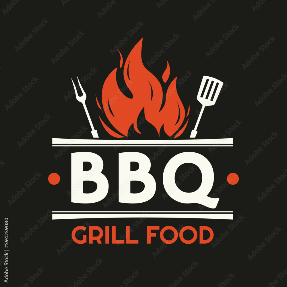 BBQ logo or icon. Grill food label with fire flame. Barbecue restaurant ...