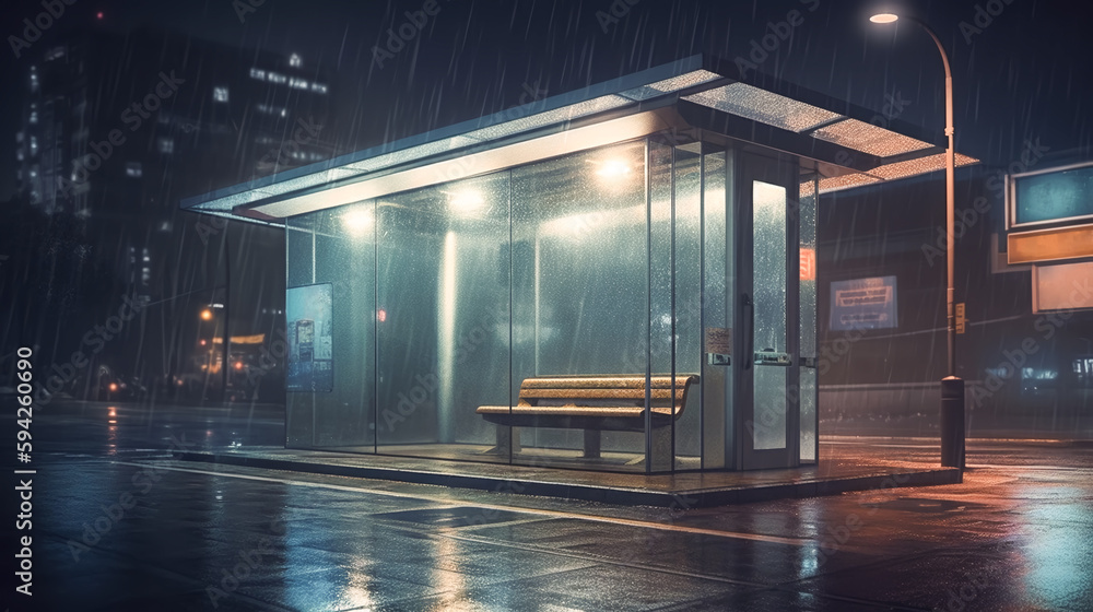 Empty bus stop with blank billboard. Night neon illumination in ...