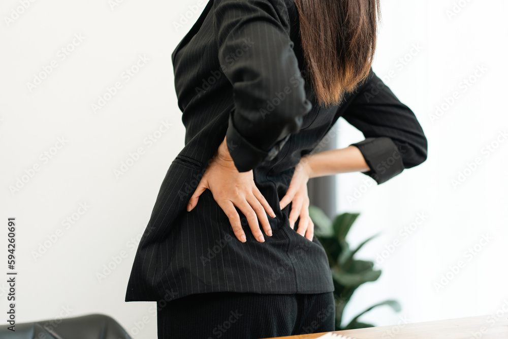 Asian woman has problem with structural posture backache. She had neck ...
