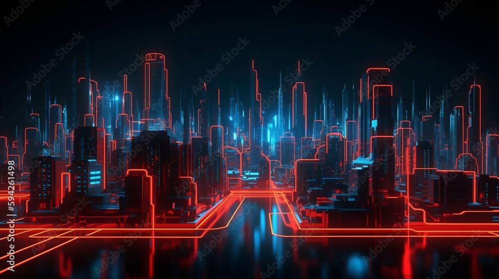 Abstract neon city at night with red blue glowing lights, background ...