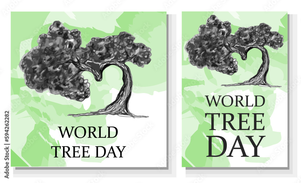 Congratulatory banner for WORLD Tree Day. Tree planting day. Pencil ...