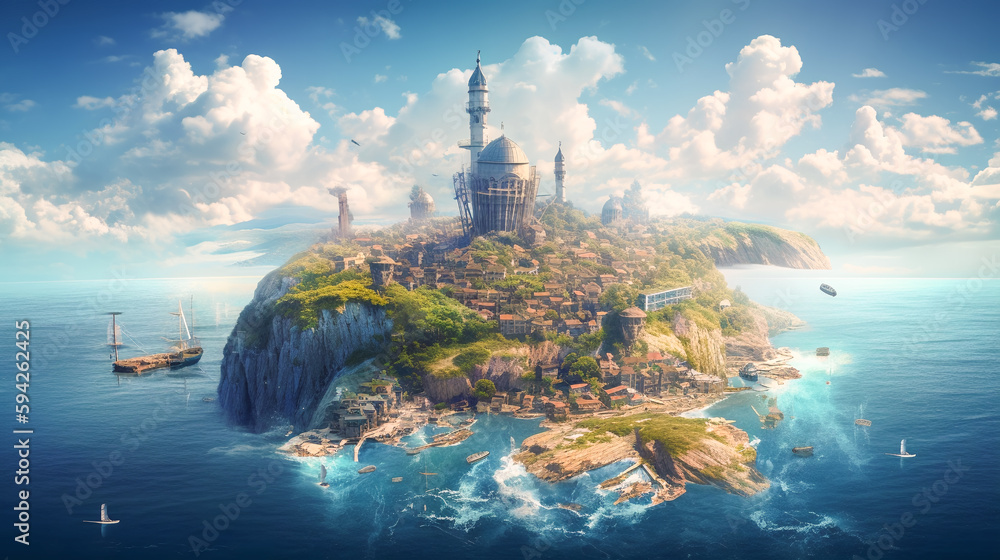 Fantasy flying island in ocean with sky and clouds. Castle on rock with ...