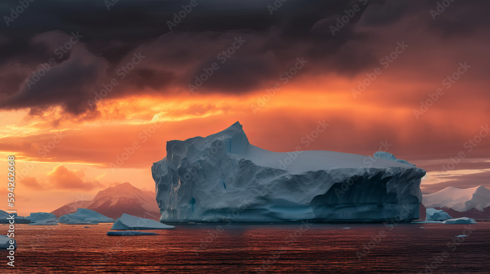 Landscape photo of a colossal iceberg in Antarctica with red clouds at ...