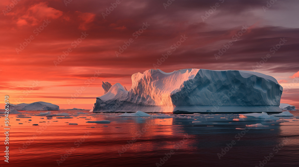 Landscape photo of a colossal iceberg in Antarctica with red clouds at ...