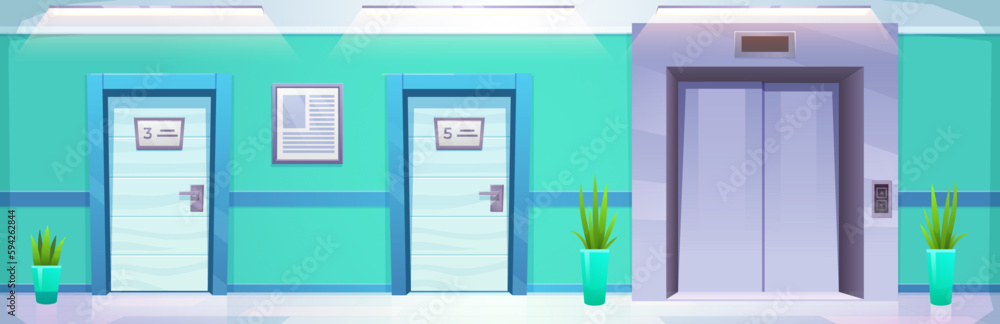 Hospital corridor with room door vector cartoon background. Emergency ...
