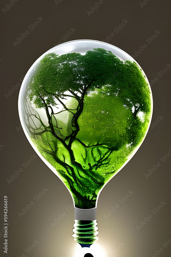 Eco light bulb with tree and plants inside. Ecology, green alternative renewable energy friendly ...
