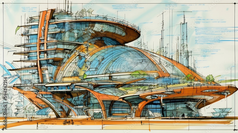 Drawing futuristic, architectural design drawing. Generative AI. Stock ...