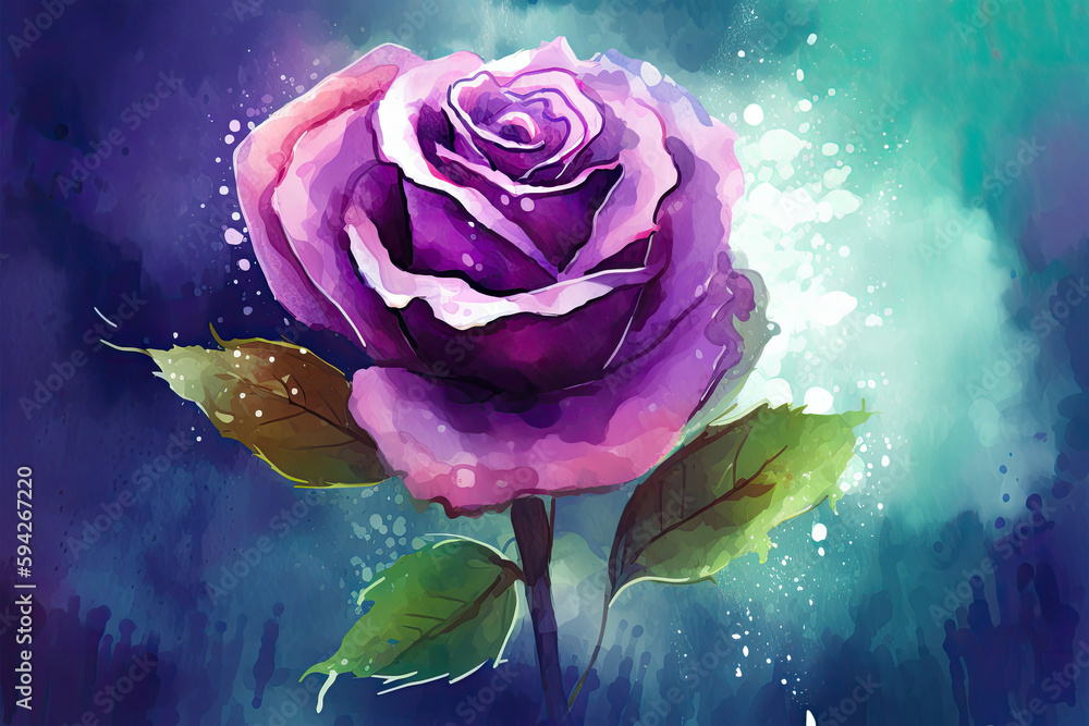 Design a beautiful watercolor illustration of a single purple rose ...