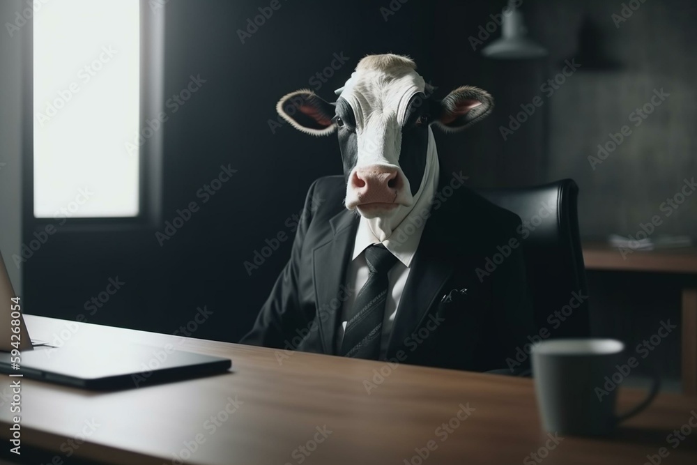 Cow in Business Suit A Tale of Corporate Achievement sitting at the ...