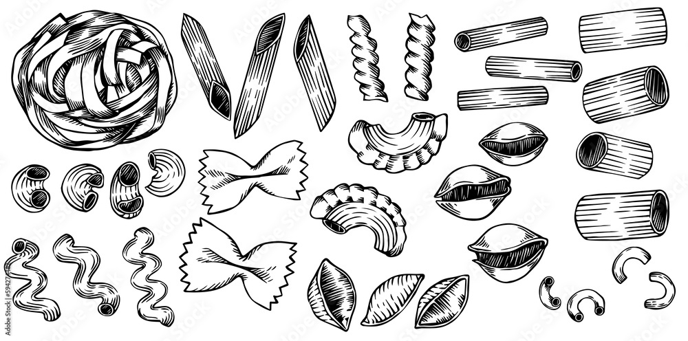drawing in sketch style. vintage set of types of pasta. italian food ...