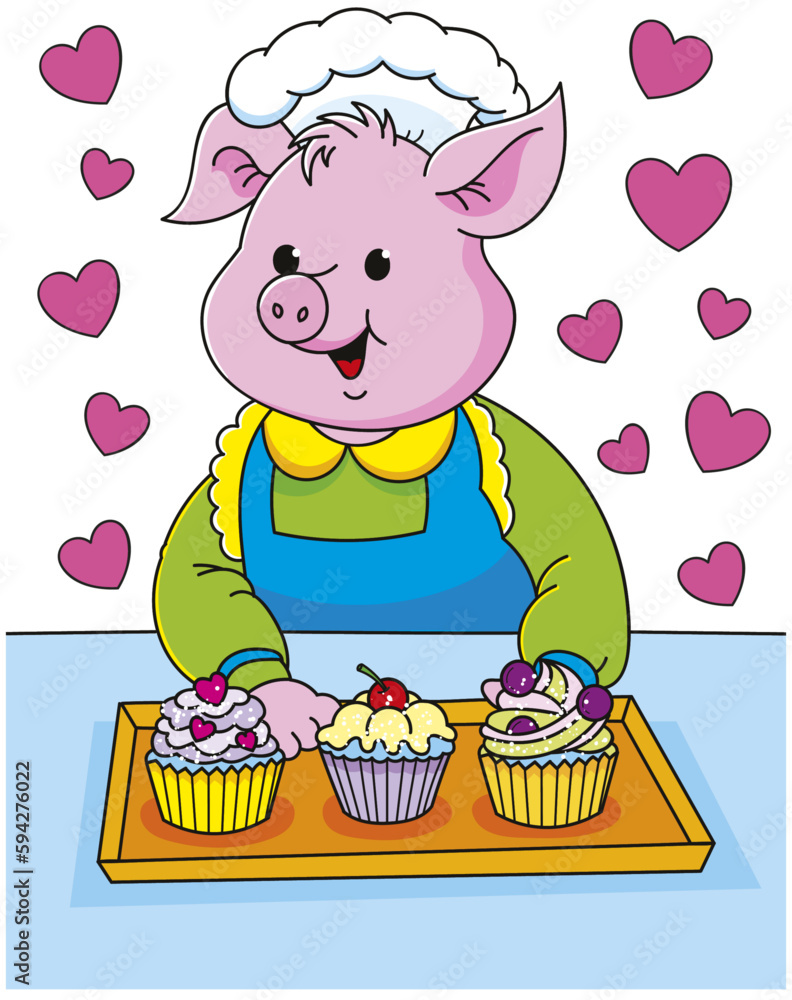 Coloring page outline of cartoon smiling cute pig with cakes. Colorful ...