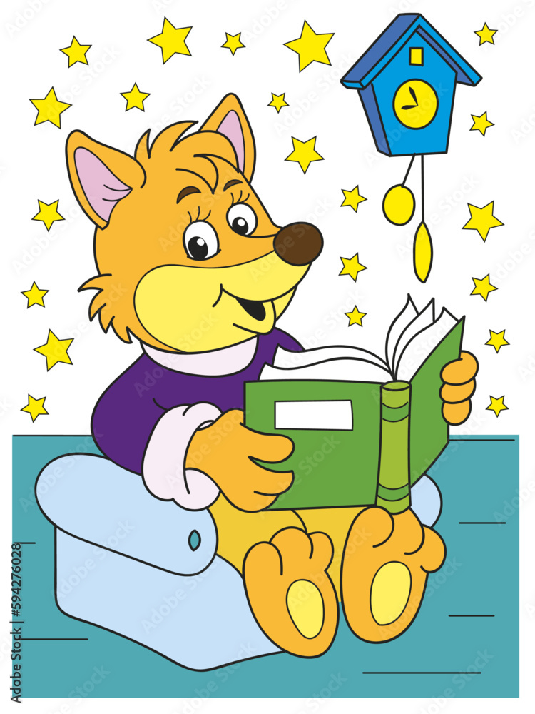 Coloring page outline of cartoon smiling cute wolf reads a book ...