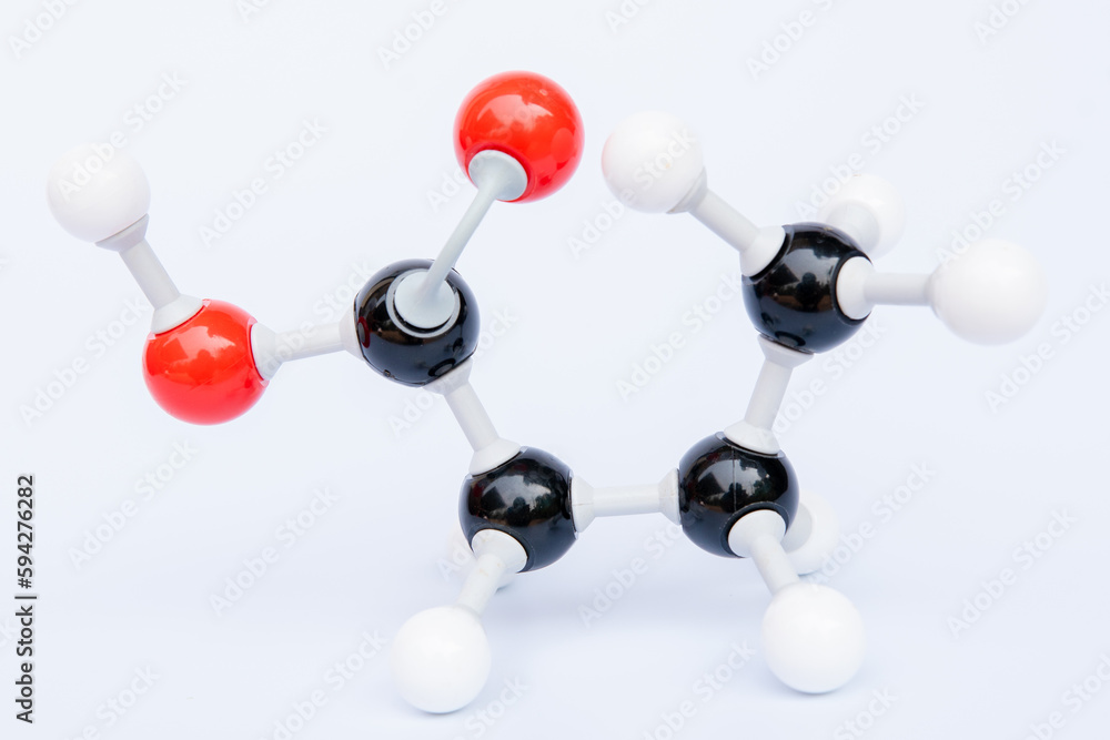 Butanoic acid molecular structure isolated on white background. Chemical formula is C4H8O2 ...