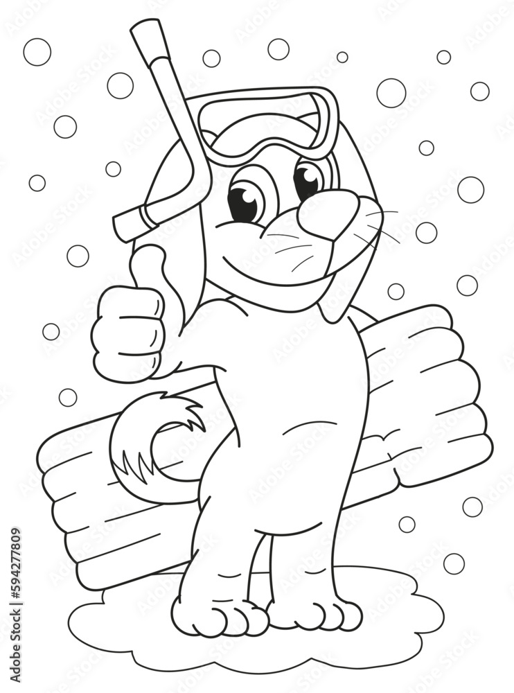 Coloring page outline of the cartoon smiling cute little dog on the sea ...