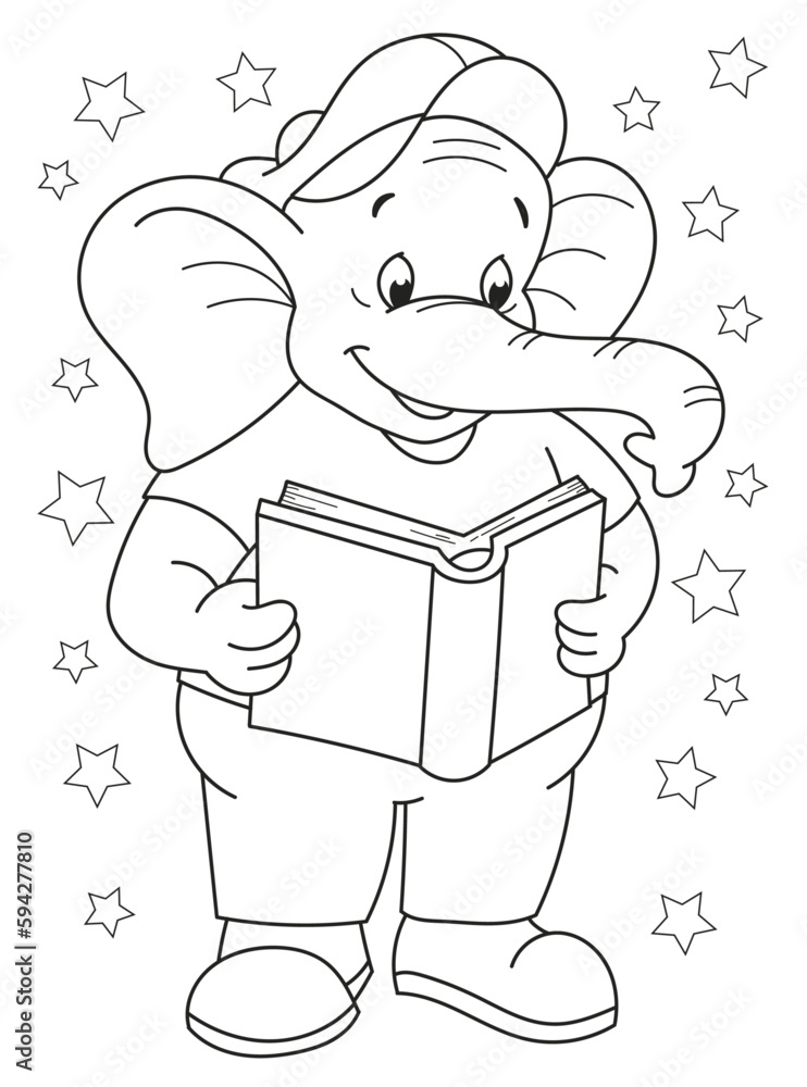 Coloring page outline of the cartoon smiling cute elephant with a book ...