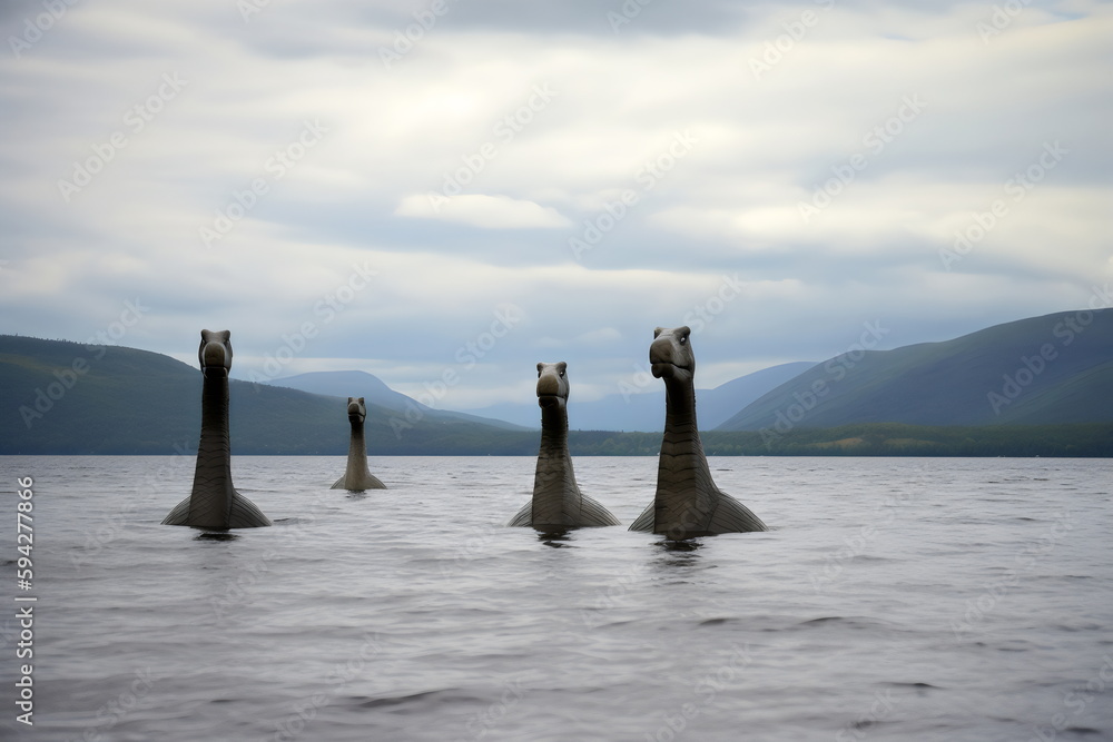loch ness monster family in lake caught on camera, made with generative ai Stock Illustration ...