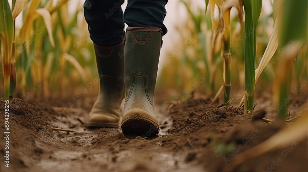 Agriculture Farmer in rubber boots walk through a wheat corn field ...