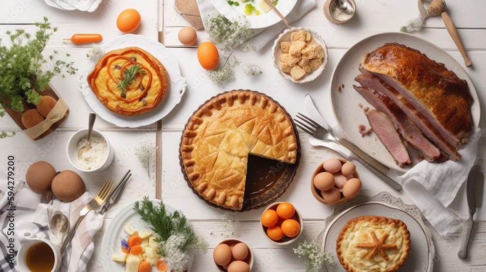 Easter dinner staple: ham. Table scene from above with a white wood ...