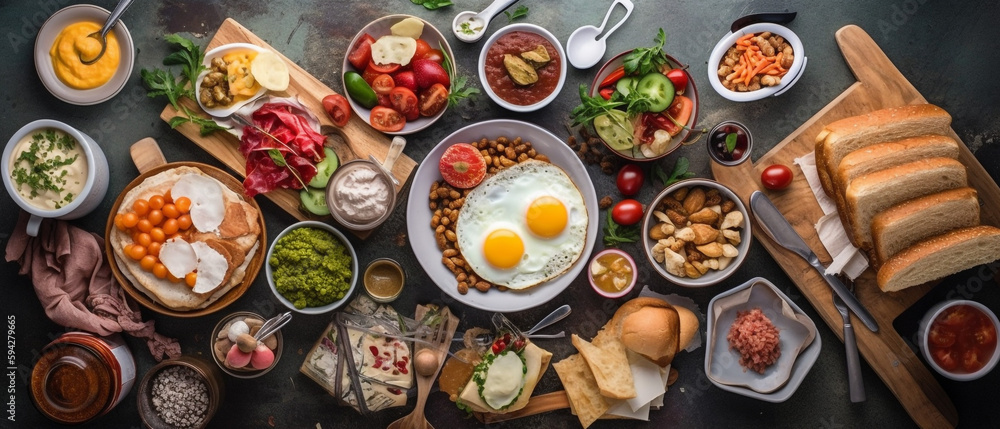 Set of American breakfast food with aesthetic arrangement top view ...