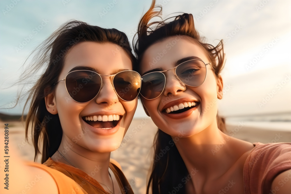 happy selfie of two women at the beach in golden hour, made with generative ai Stock ...