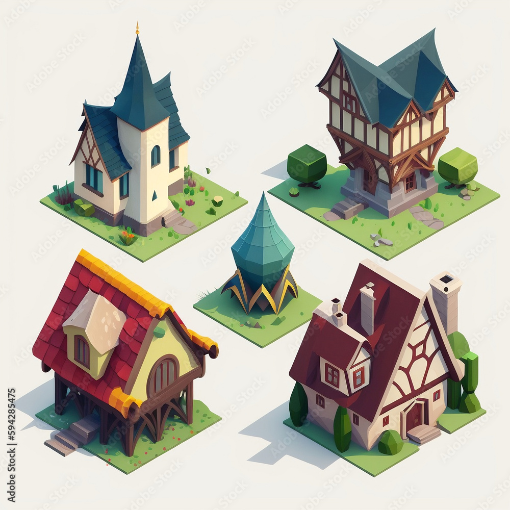 Isometric fantasy houses with clean exterior design, captured without a ...