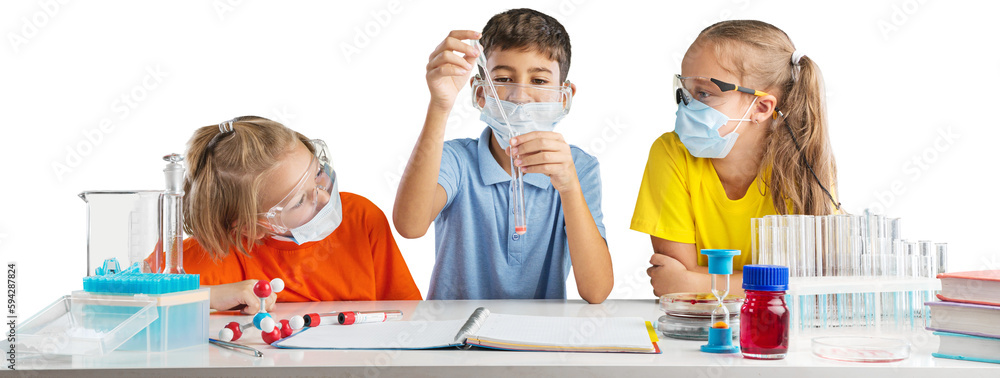 Kids in glasses pouring liquid into flask while conducting experiment ...