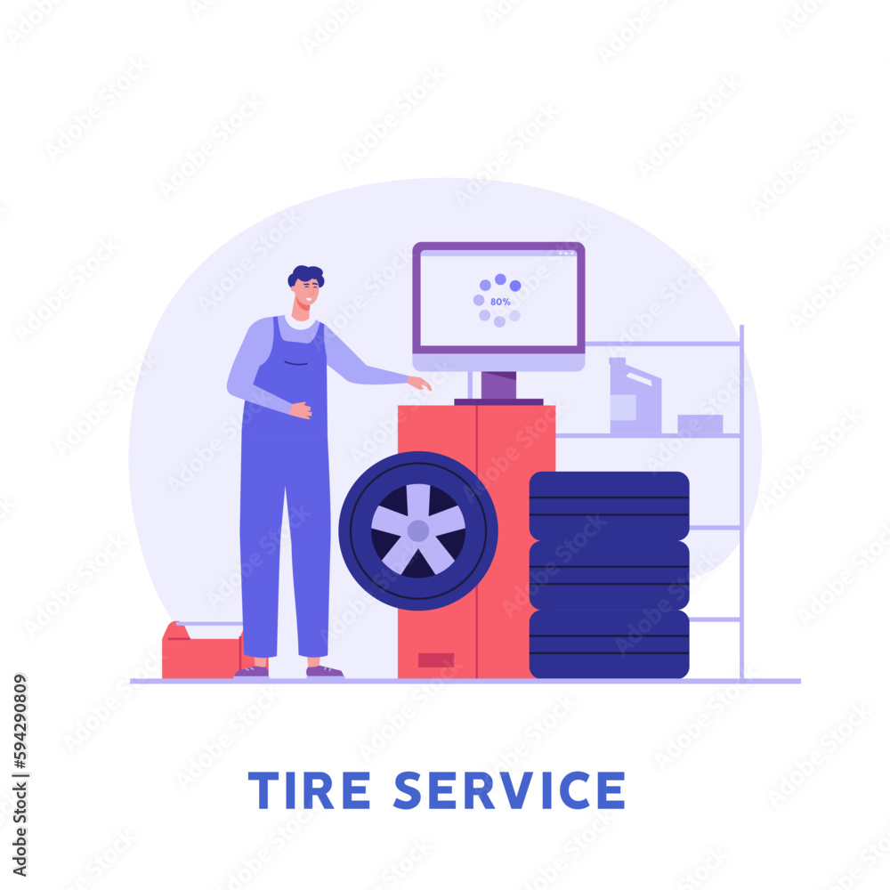 Tire service illustration. Professional mechanics change wheels and ...