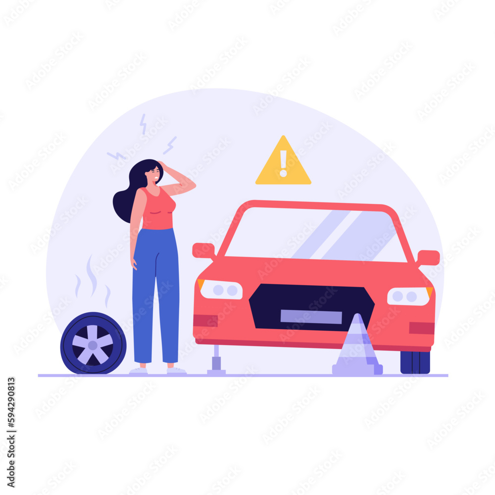 Tire service illustration. Professional mechanics change wheels and ...