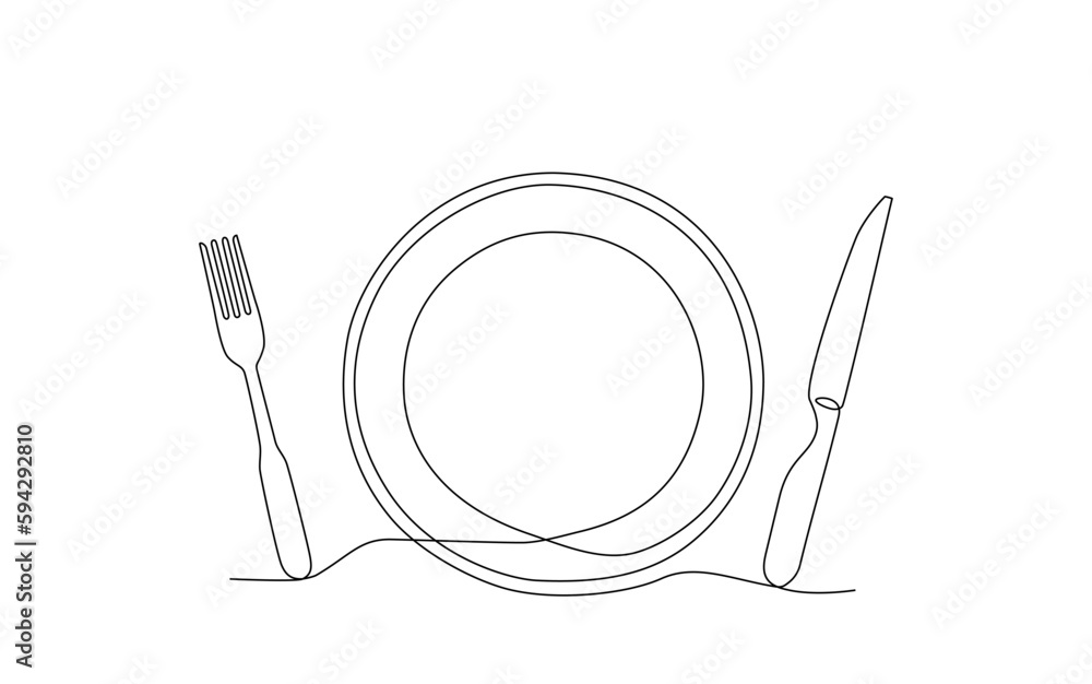 One continuous line drawing of fork, knife and plate top view. Single ...