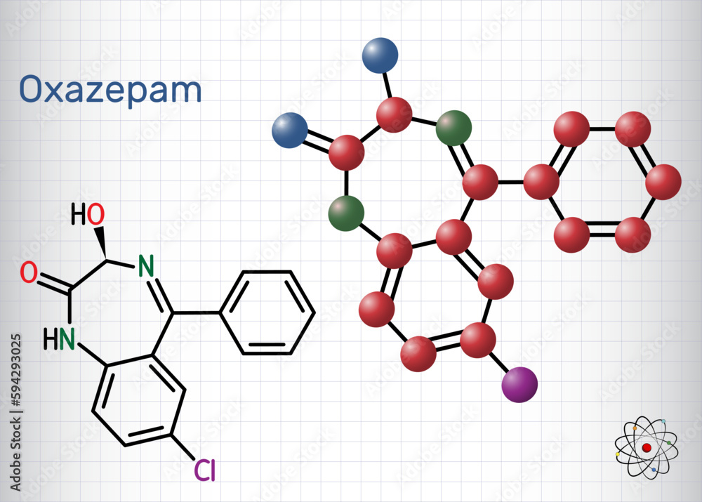 Oxazepam molecule. It is benzodiazepine used to treat panic disorders ...