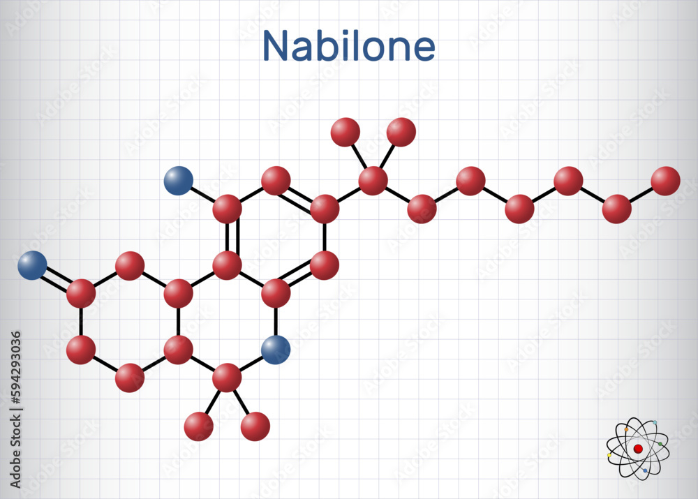 Nabilone molecule. It is synthetic cannabinoid, used as antiemetic drug ...